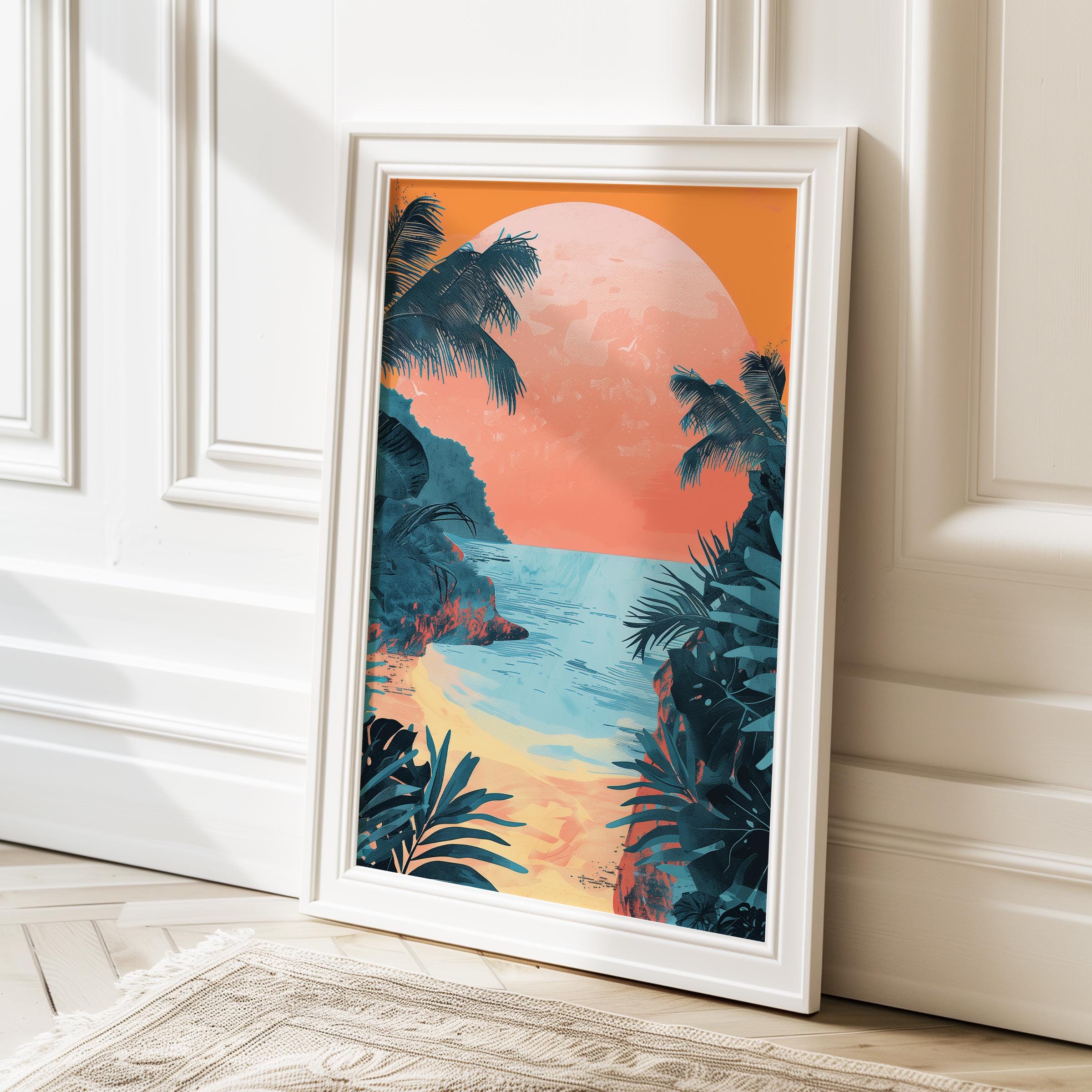Retro Sunset Beach Print: Coastal Landscape Wall Decor (digital ...