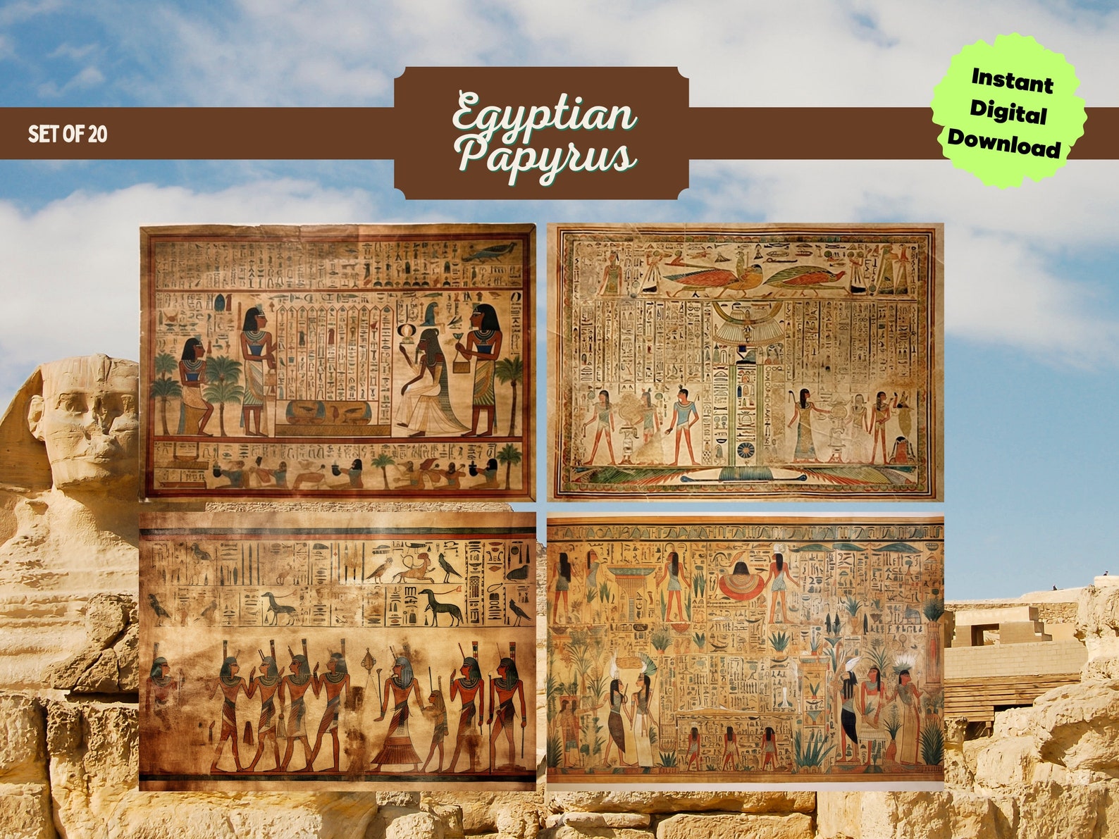 Egypt Papyrus Digital Paper Set of 20 Ancient Hieroglyphics and Tomb ...