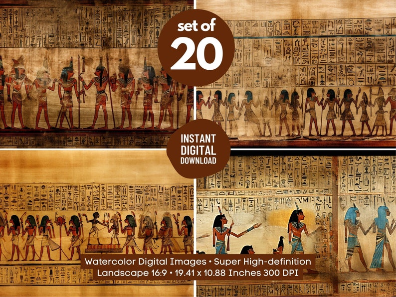 Ancient Egypt Wall Art, 20 Papyrus Digital Paper Set Bundle ...
