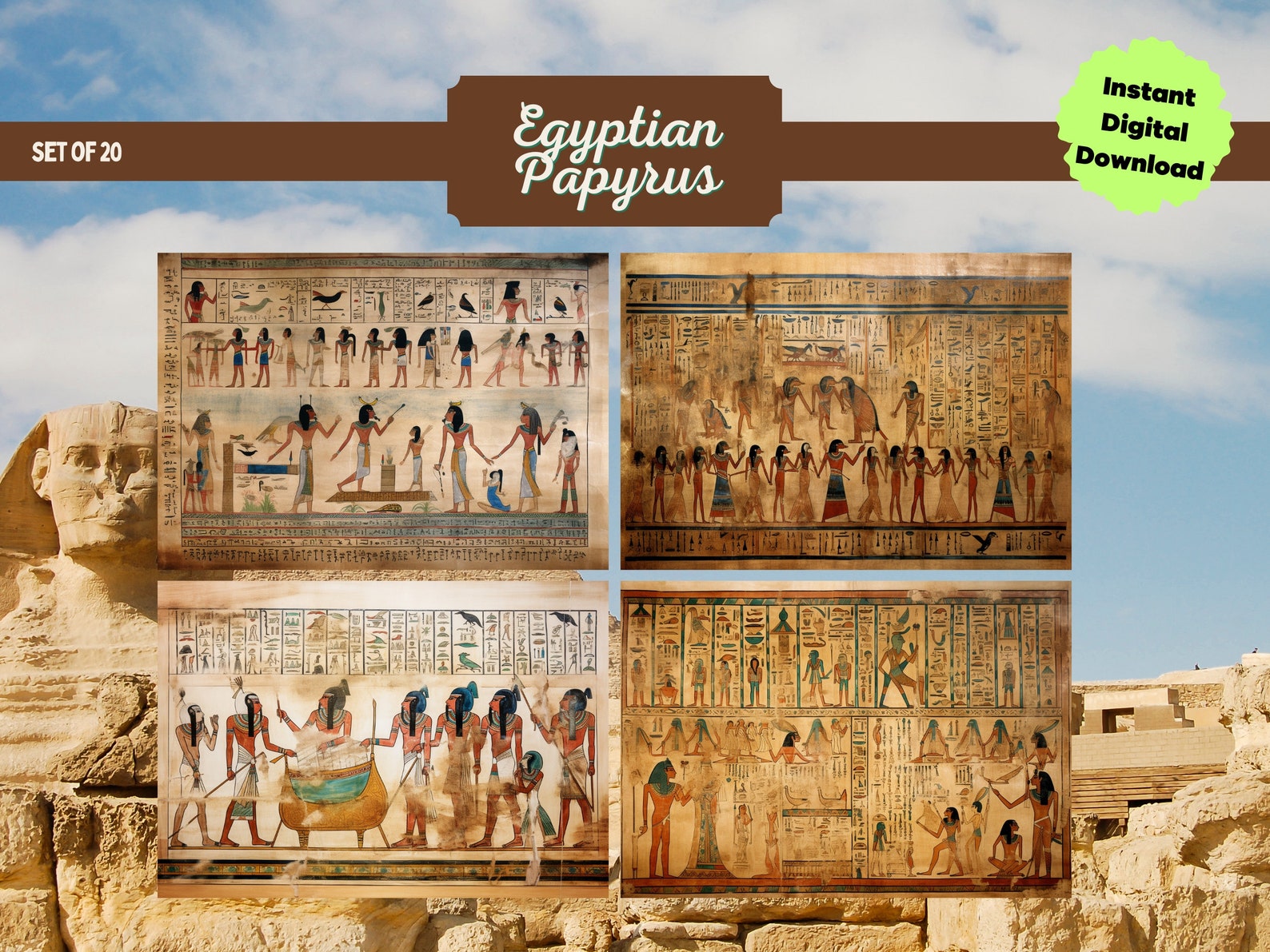 Egypt Papyrus Digital Paper Set of 20 Ancient Hieroglyphics and Tomb ...
