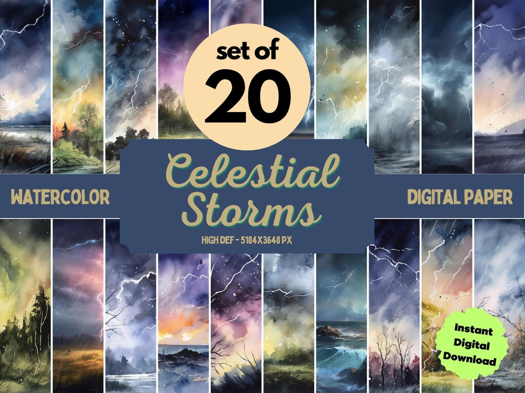 Stormy Sky Watercolor Digital Papers - Celestial Storms Set of 20 for ...