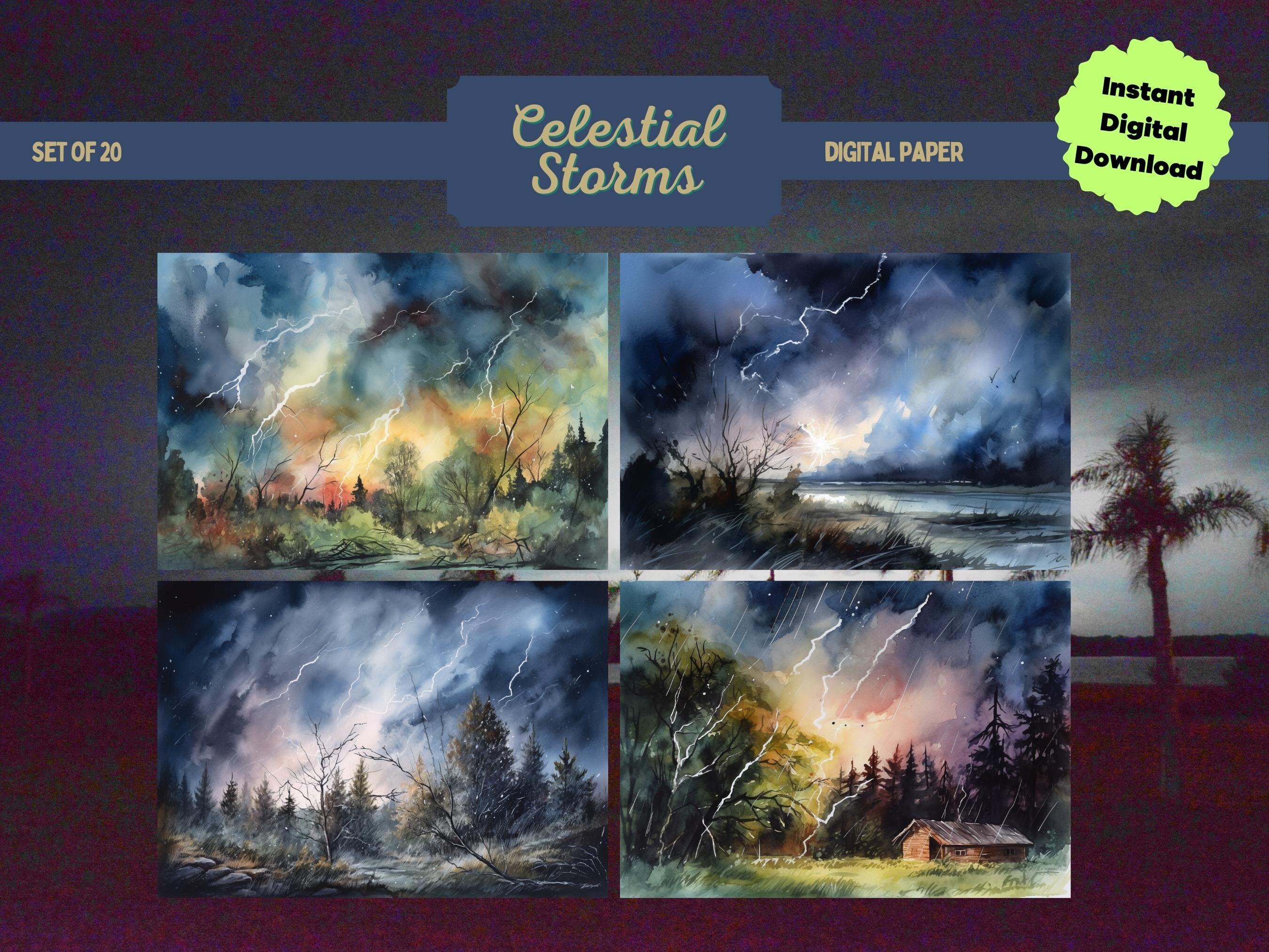 Stormy Sky Watercolor Digital Papers - Celestial Storms Set of 20 for ...