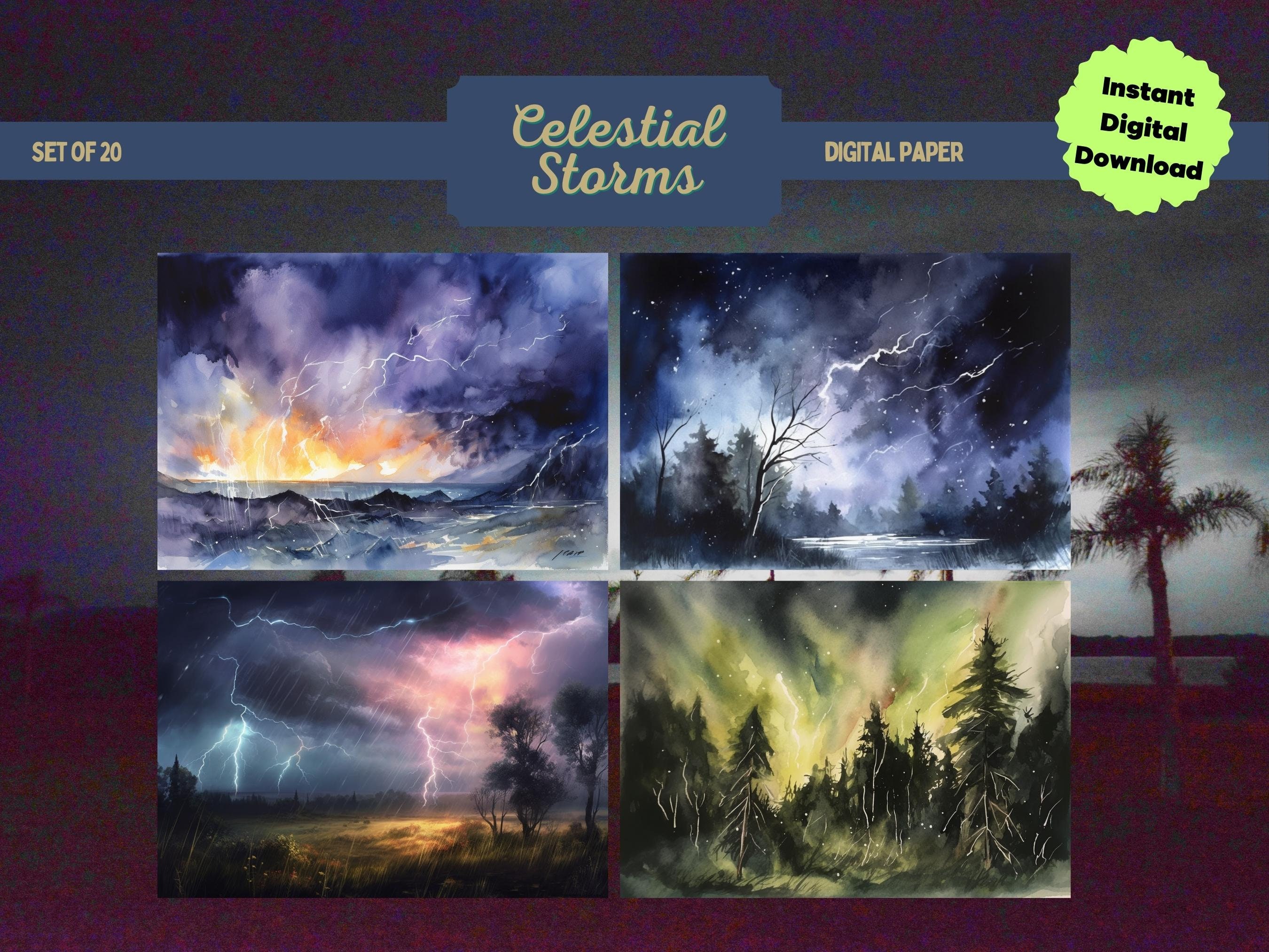Stormy Sky Watercolor Digital Papers - Celestial Storms Set of 20 for ...