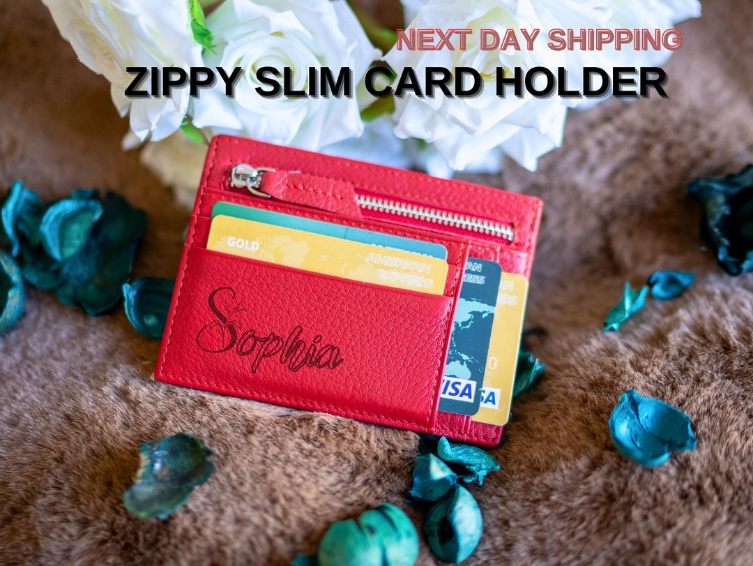 Genuine Leather Slim Card Holder, Unisex Mini Wallet, Zip Pocket With ...