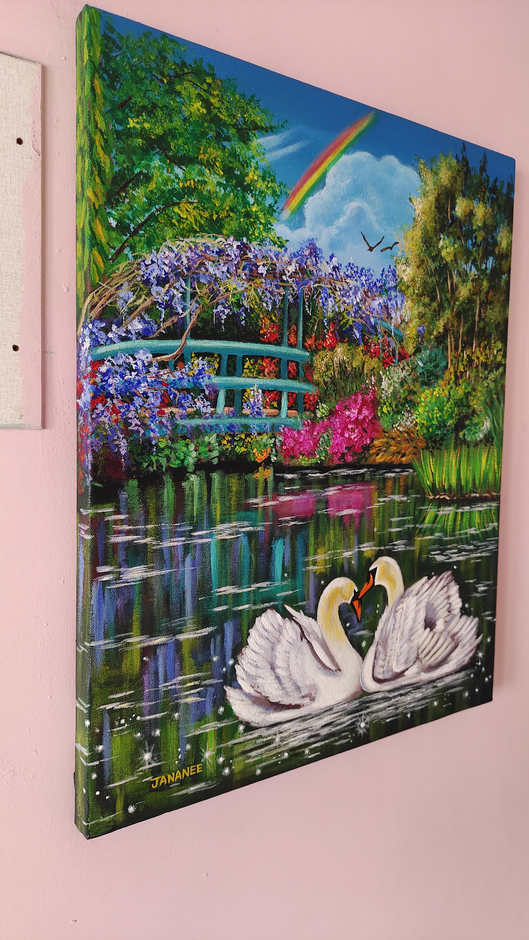 Handmade Painting of Couple Swans in Monet's Garden With Stunning ...