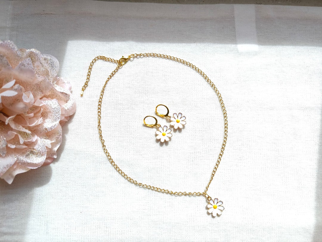 Daisy White Flower Necklace, Daisy Dainty Earrings, Gold Chain Daisy ...