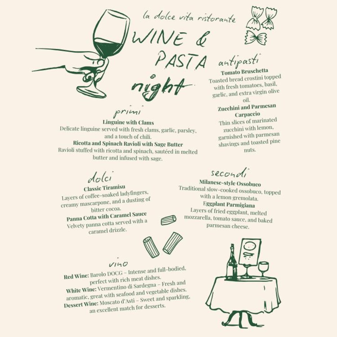 Wine and Pasta Night Customised Menu Template- Italian Theme - Etsy