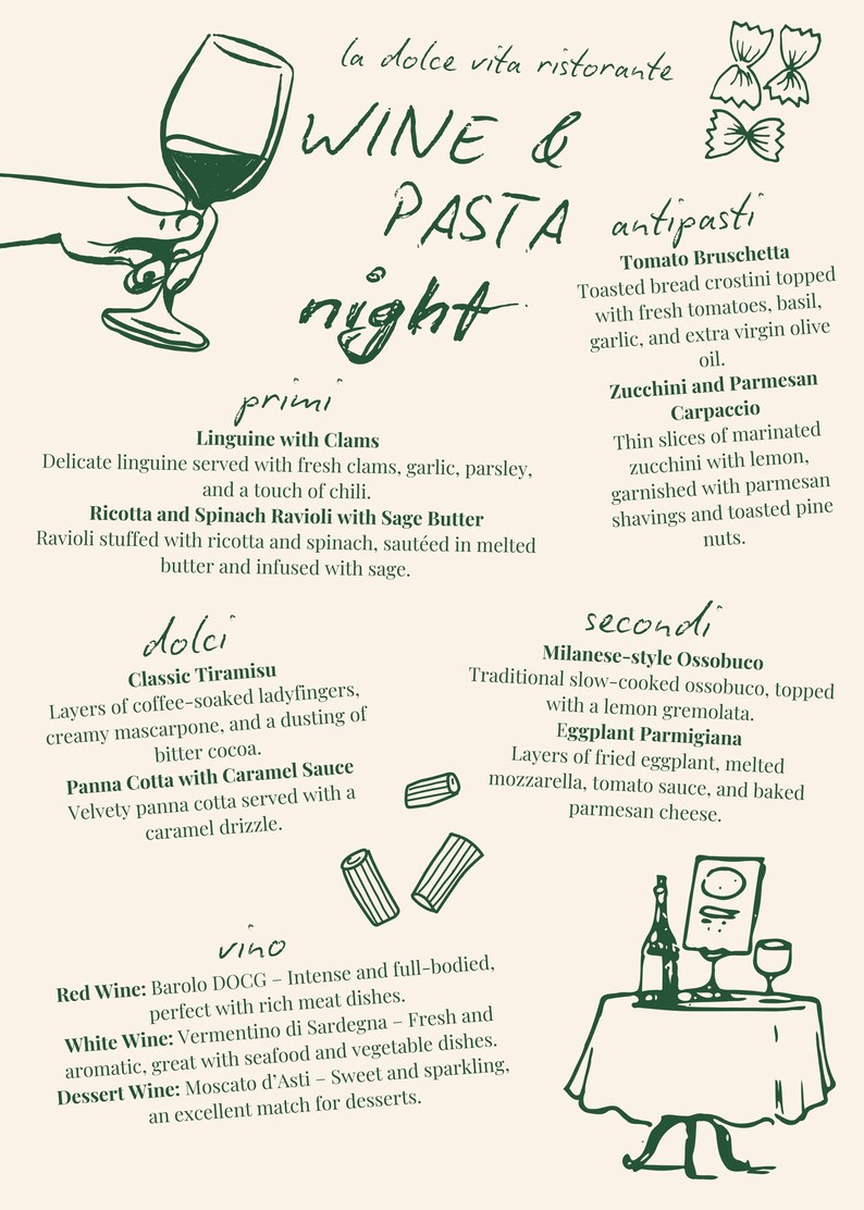 Wine and Pasta Night Customised Menu Template- Italian Theme - Etsy