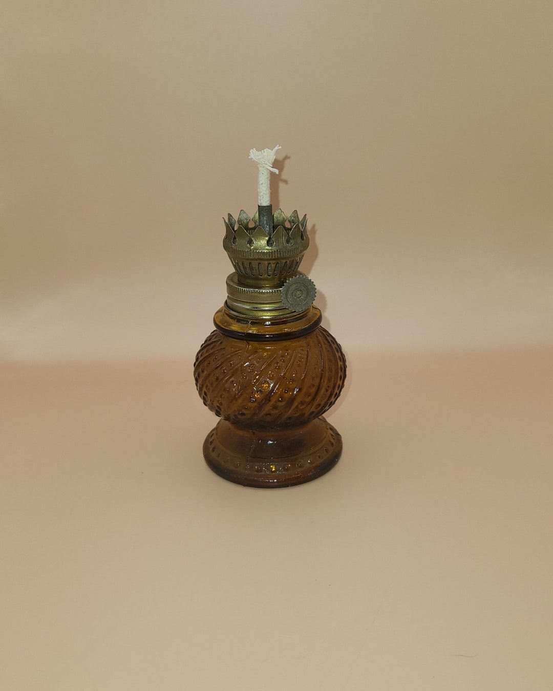 Vintage Mini Oil Lamp With Brown Decorated Glass Made in Hong Hong - Etsy