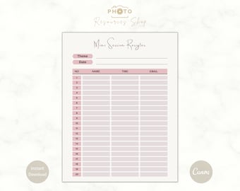 Mini Session Register, Mini Session Sign up Sheet, Session Info Sheet ...