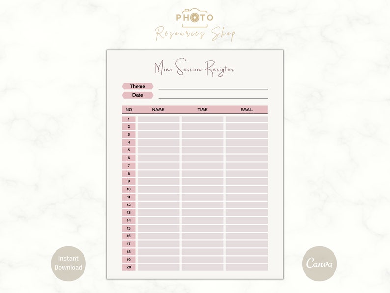 Mini Session Register, Mini Session Sign up Sheet, Session Info Sheet ...