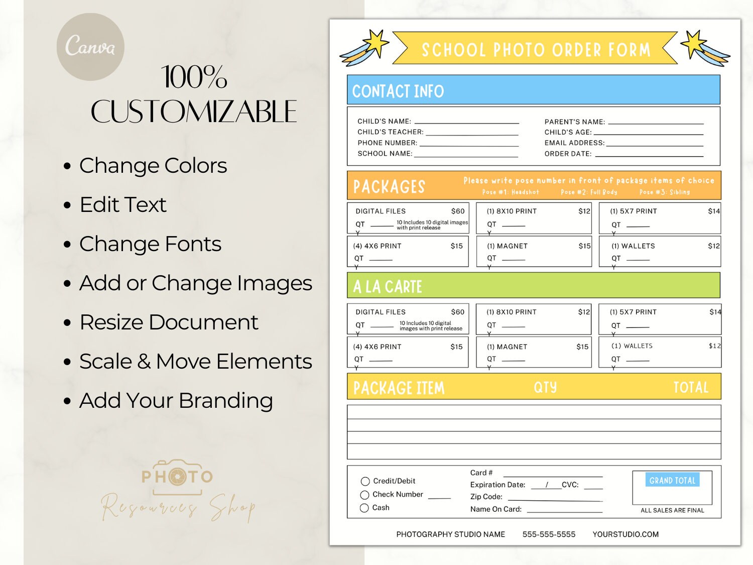 School Photography Order Form | Canva Template | Photography Forms ...
