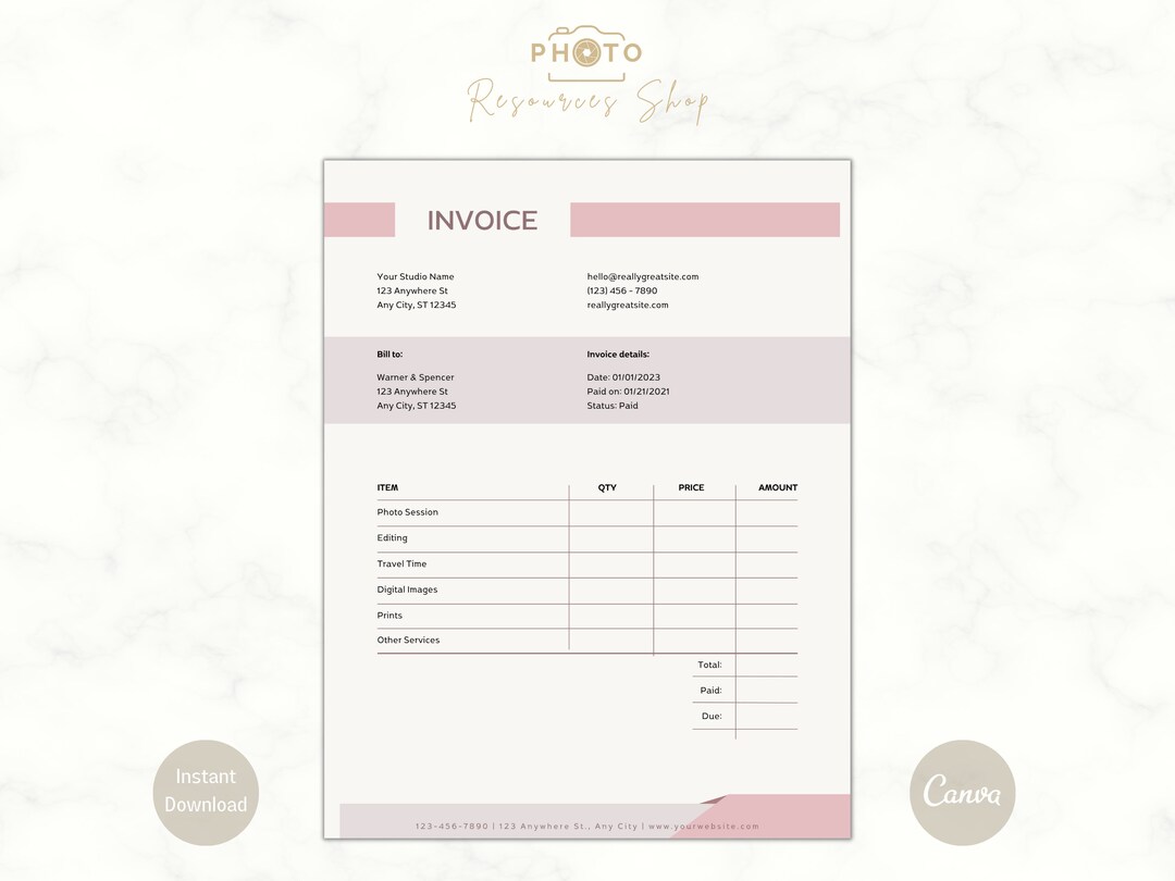 Photography Invoice Template, Canva Template, Editable Invoice, Invoice ...