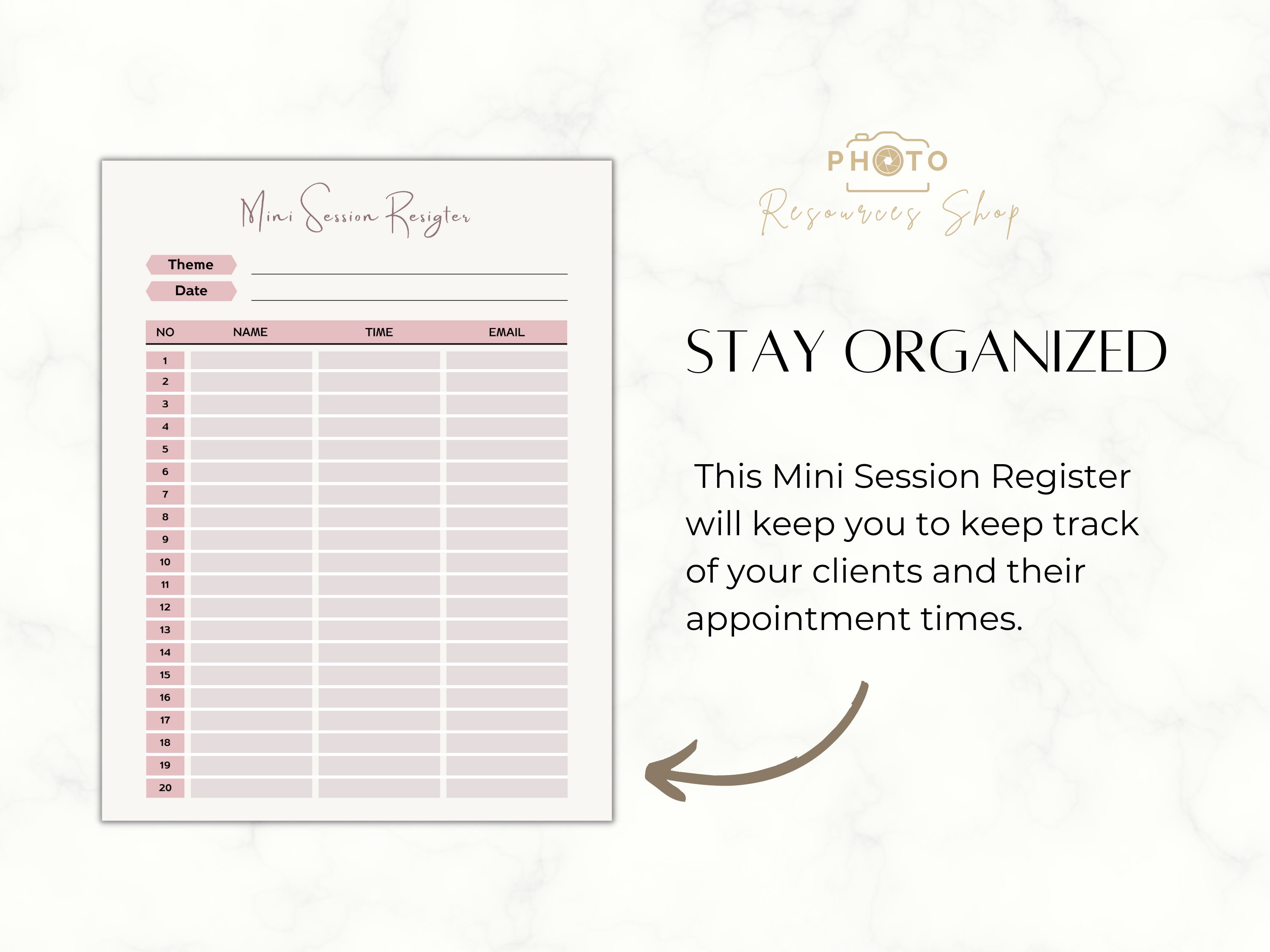 Mini Session Register, Mini Session Sign up Sheet, Session Info Sheet ...