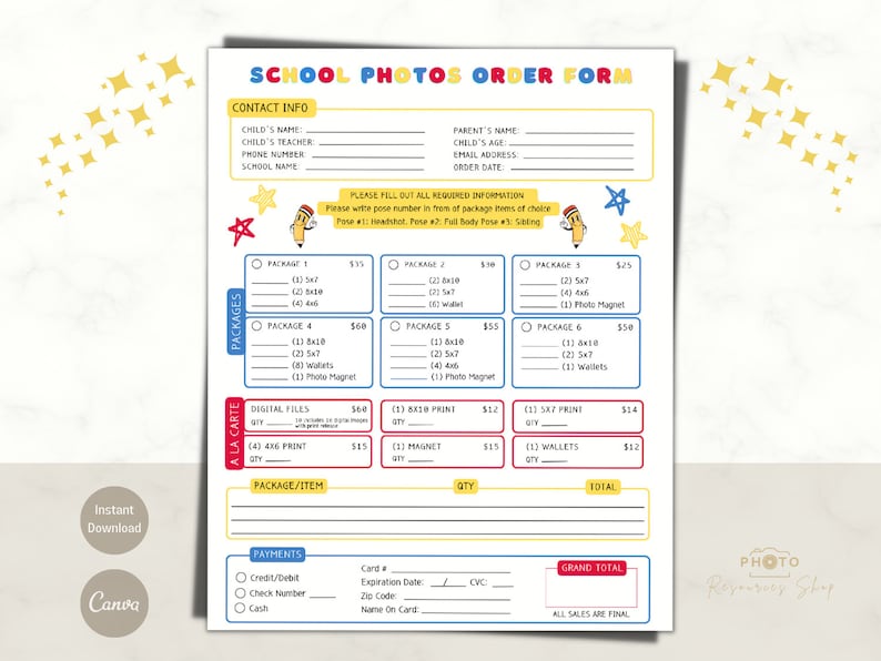 School Photography Order Form | Canva Template | Photography Forms ...