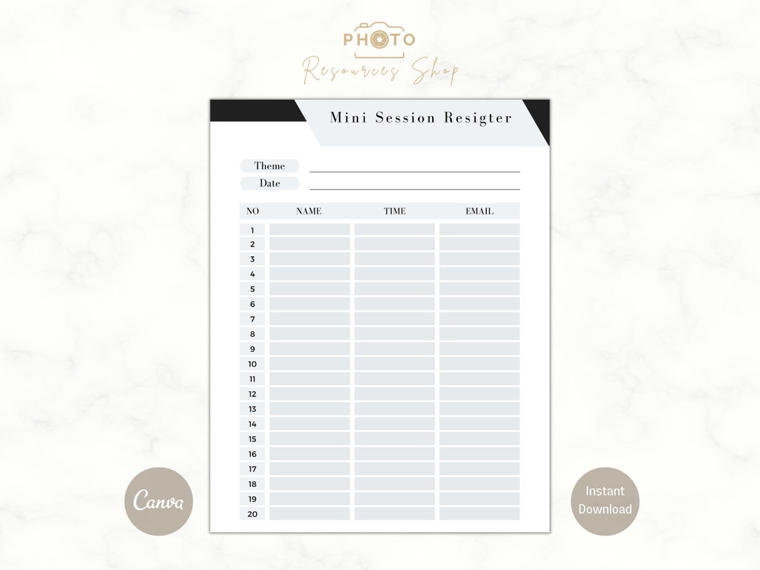 Mini Session Register, Mini Session Sign up Sheet, Session Info Sheet ...