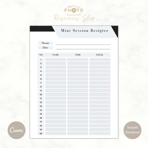 Mini Session Register, Mini Session Sign up Sheet, Session Info Sheet ...