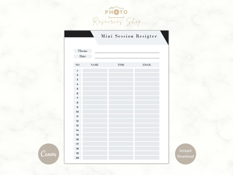 Mini Session Register, Mini Session Sign up Sheet, Session Info Sheet ...