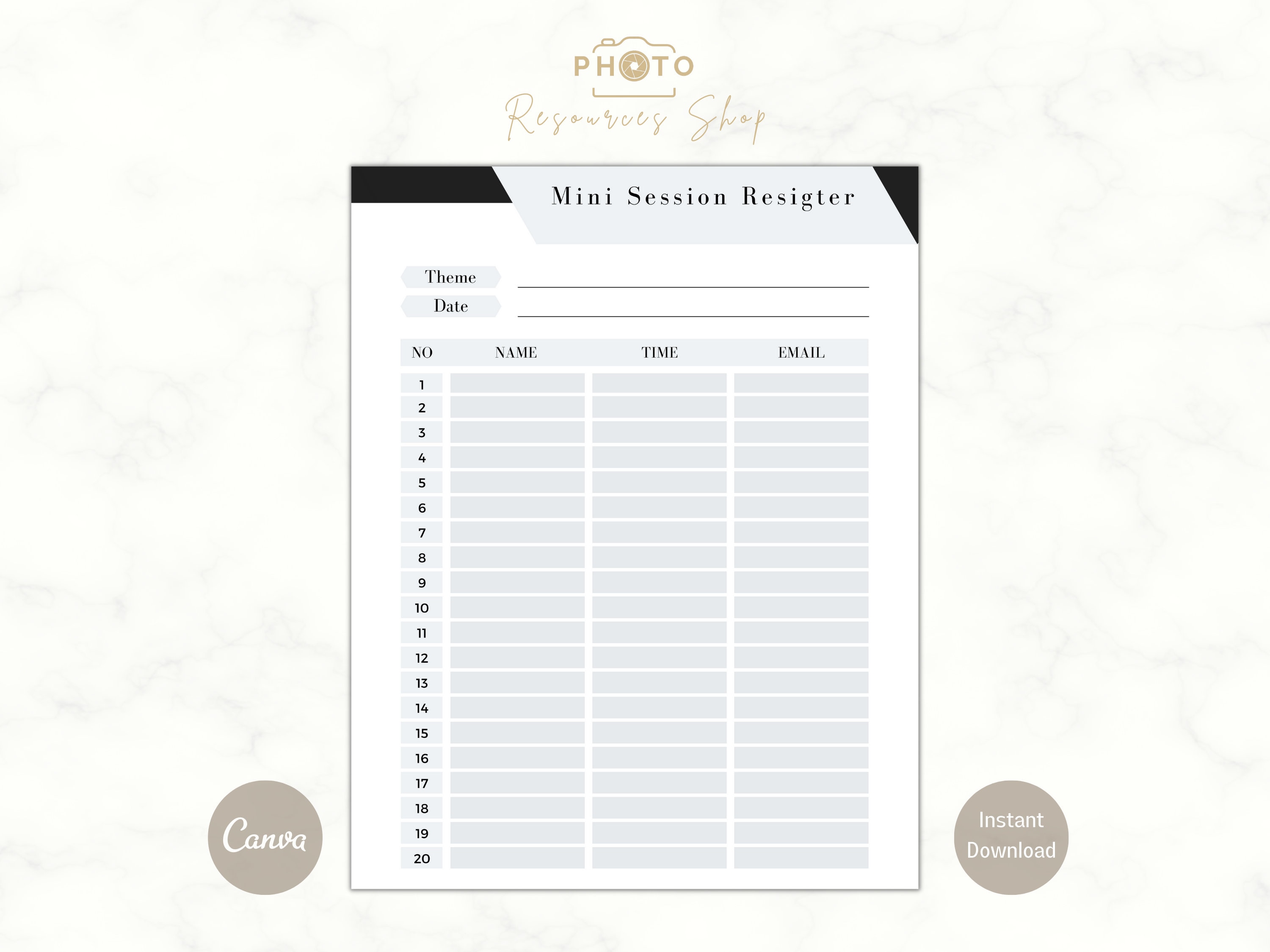 Mini Session Register, Mini Session Sign up Sheet, Session Info Sheet ...