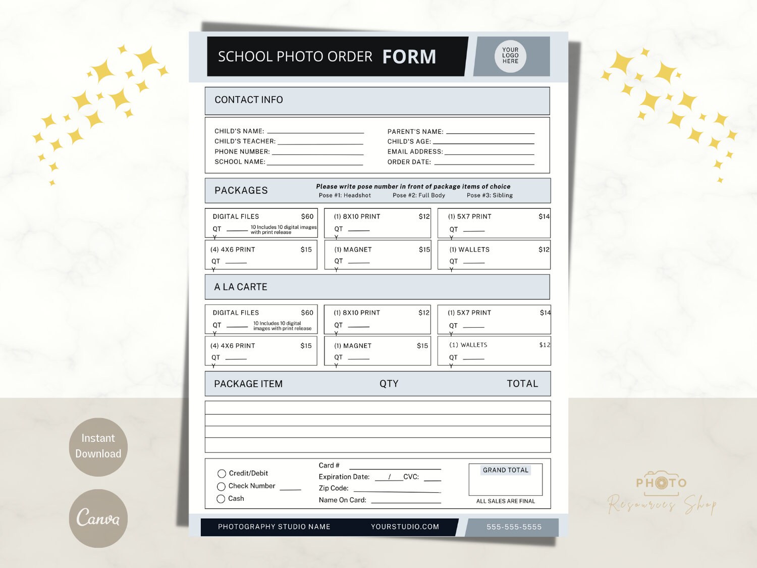 School Photography Order Form | Canva Template | Photography Forms ...