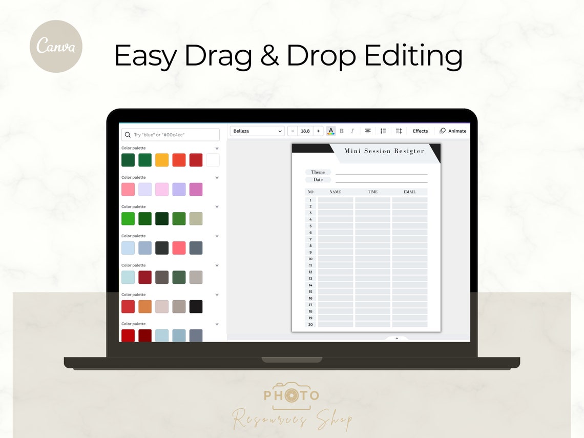 Mini Session Register, Mini Session Sign up Sheet, Session Info Sheet ...