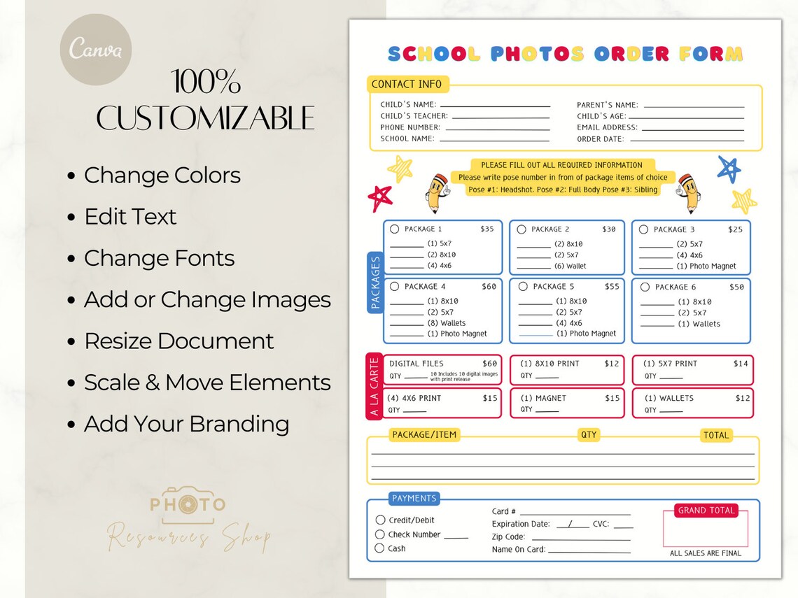 School Photography Order Form | Canva Template | Photography Forms ...