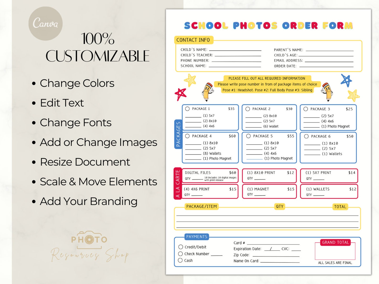 School Photography Order Form | Canva Template | Photography Forms ...