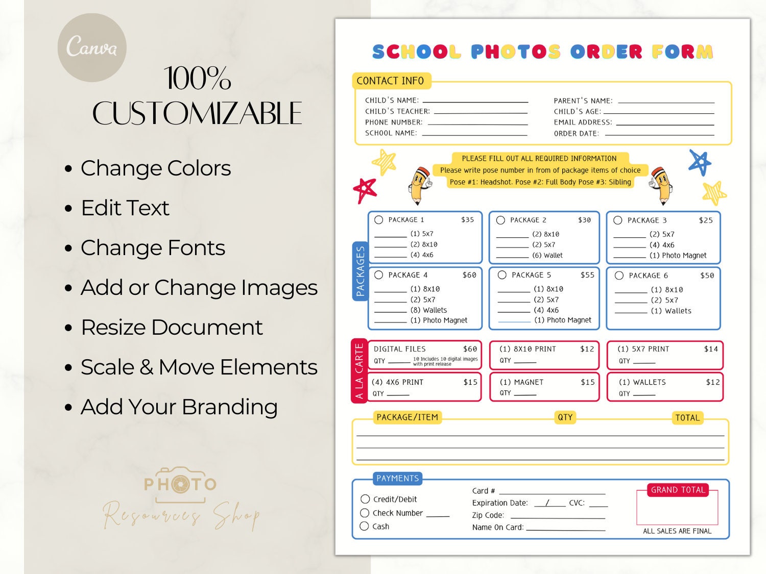 School Photography Order Form | Canva Template | Photography Forms ...