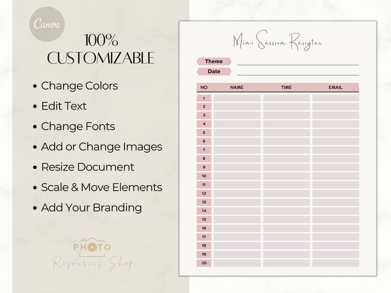 Mini Session Register, Mini Session Sign up Sheet, Session Info Sheet ...