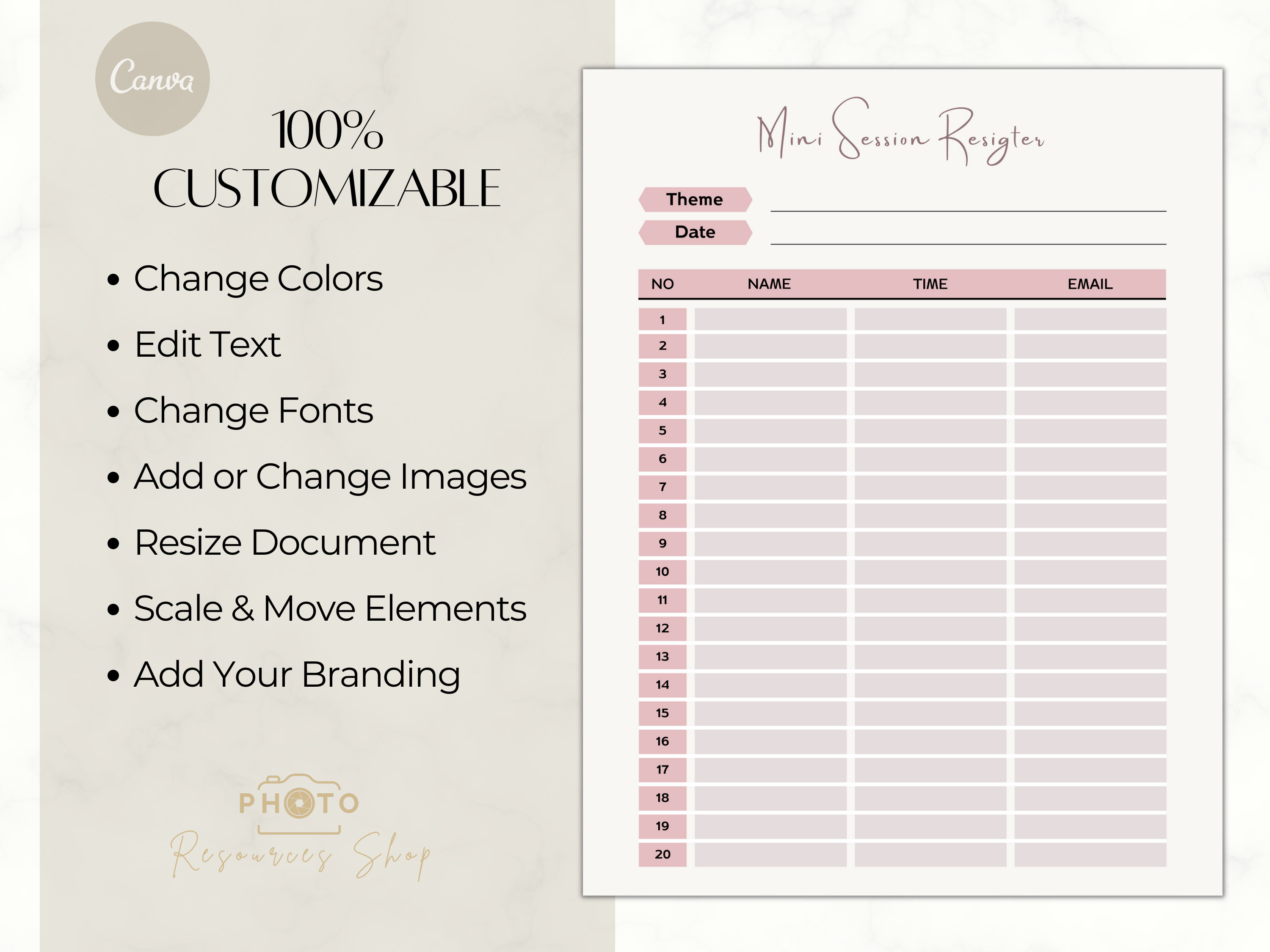 Mini Session Register, Mini Session Sign up Sheet, Session Info Sheet ...