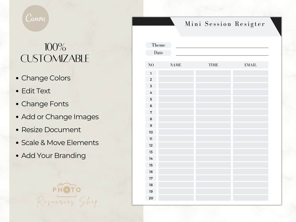 Mini Session Register, Mini Session Sign up Sheet, Session Info Sheet ...