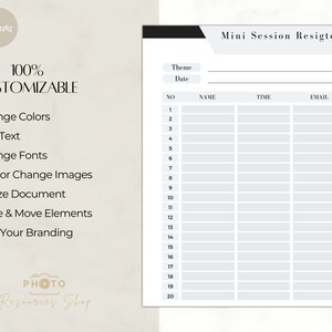 Mini Session Register, Mini Session Sign up Sheet, Session Info Sheet ...