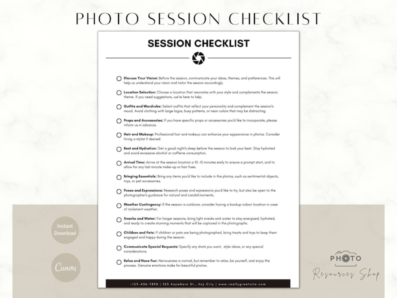 Photography Session Checklist Template | Photo Session List | Canva ...