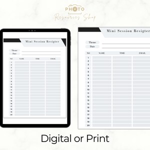Mini Session Register, Mini Session Sign up Sheet, Session Info Sheet ...