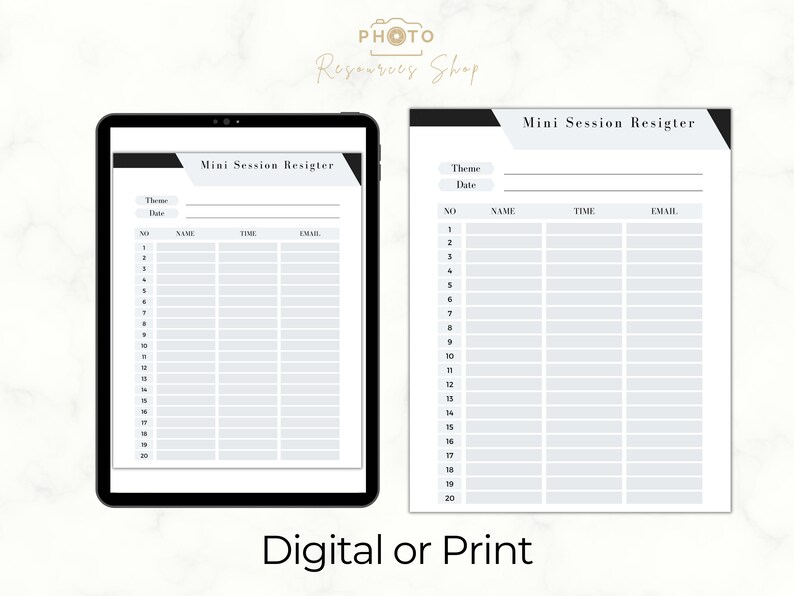 Mini Session Register, Mini Session Sign up Sheet, Session Info Sheet ...
