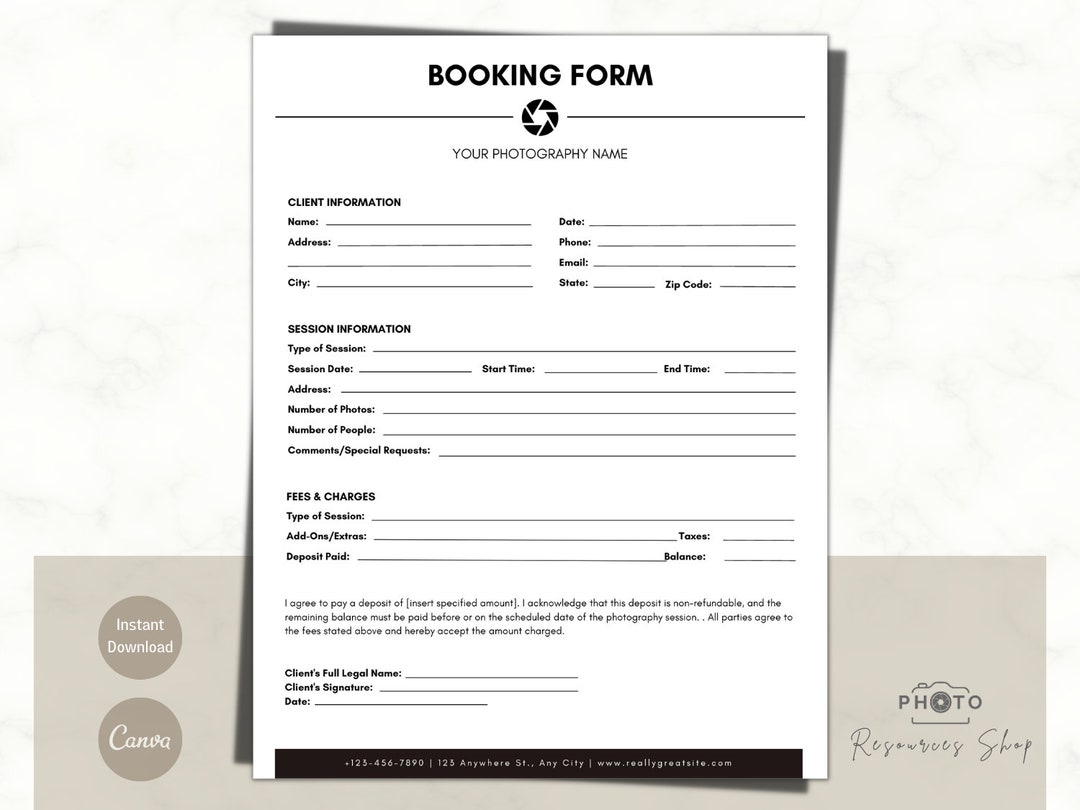 Customizable Photography Booking Form | Professional Photographer Tool ...