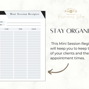 Mini Session Register, Mini Session Sign up Sheet, Session Info Sheet ...