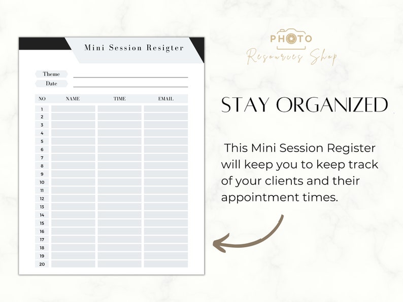 Mini Session Register, Mini Session Sign up Sheet, Session Info Sheet ...
