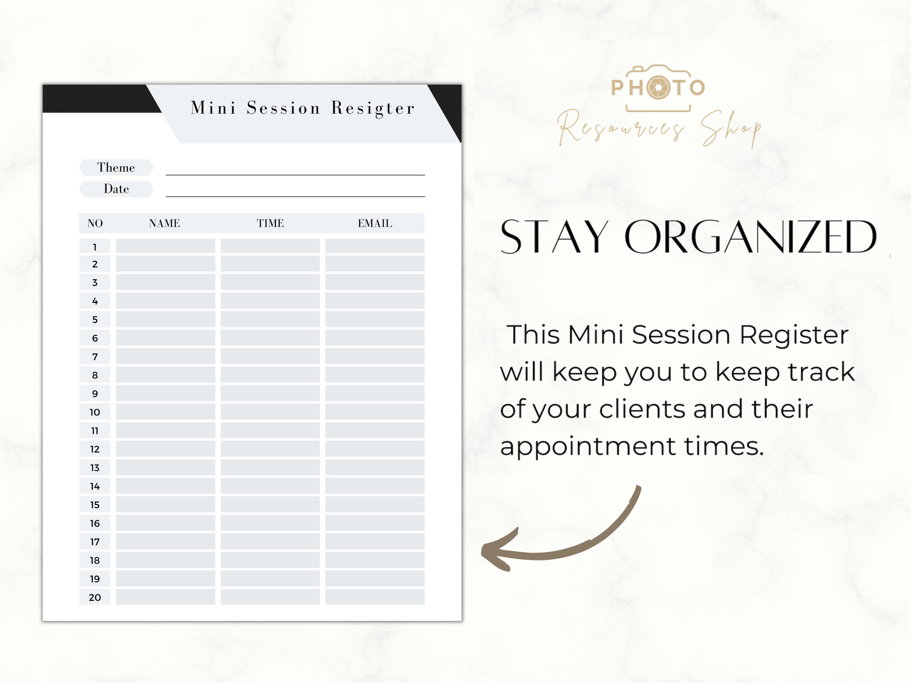 Mini Session Register, Mini Session Sign up Sheet, Session Info Sheet ...