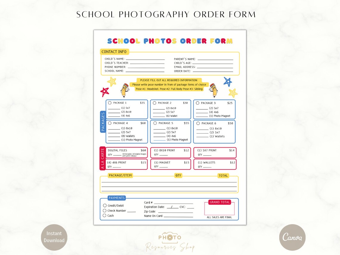 School Photography Order Form | Canva Template | Photography Forms ...