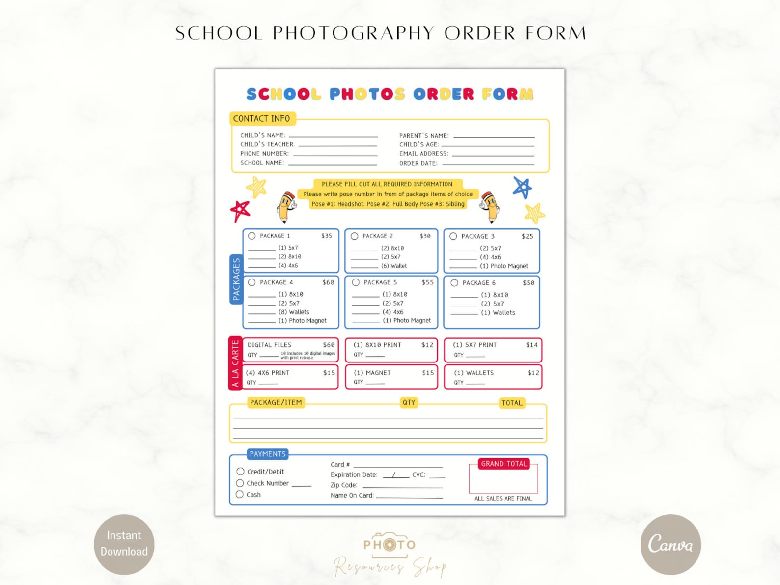School Photography Order Form | Canva Template | Photography Forms ...