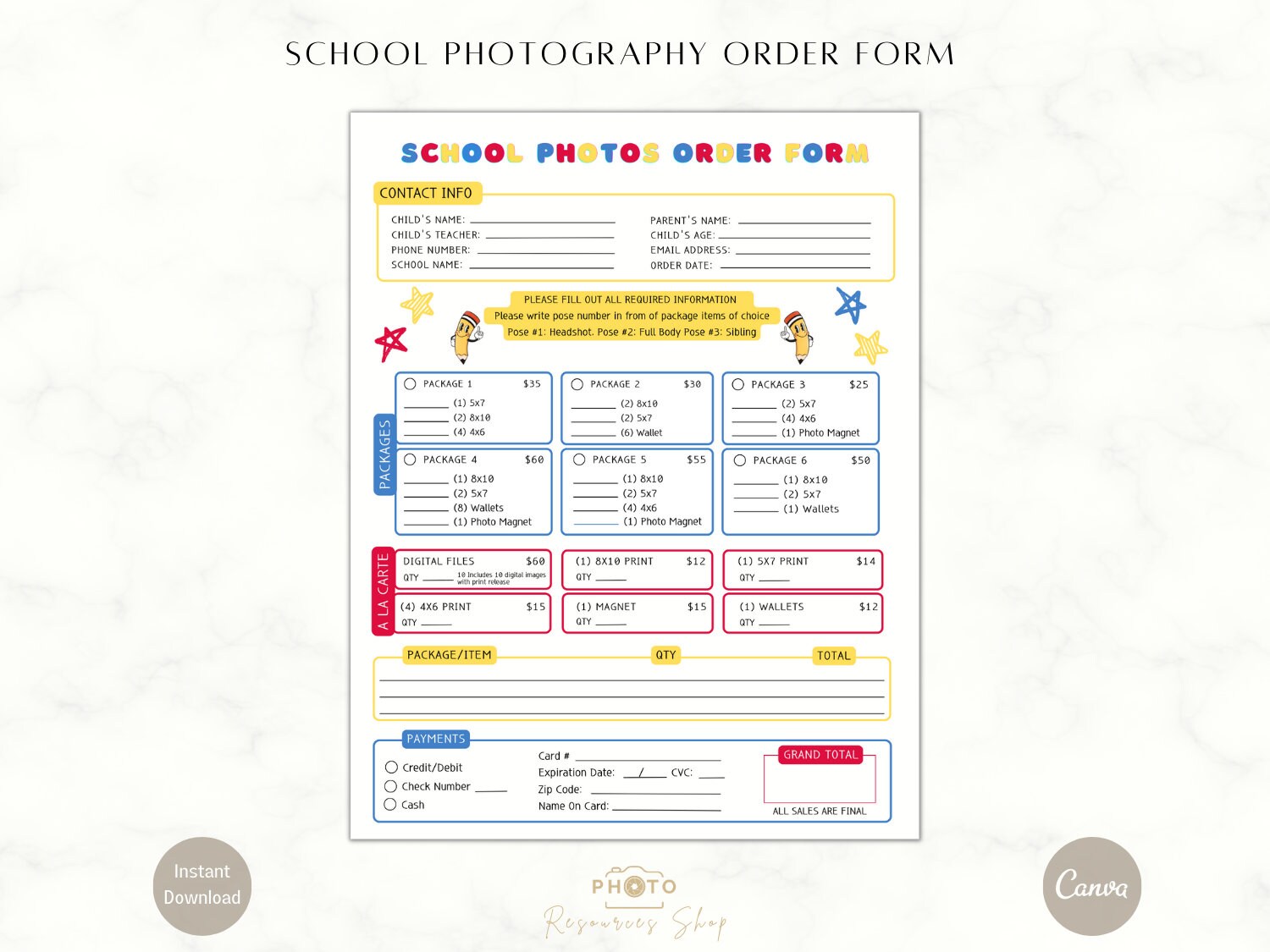 School Photography Order Form | Canva Template | Photography Forms ...