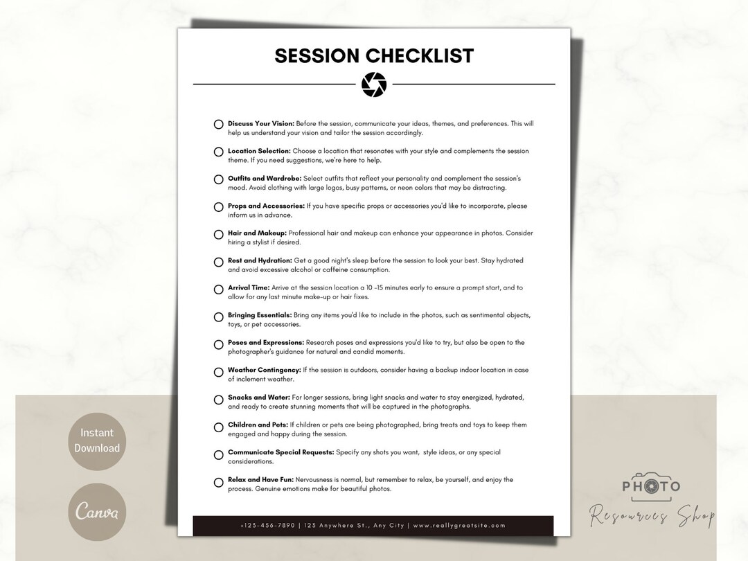 Photography Session Checklist Template | Photo Session List | Canva ...