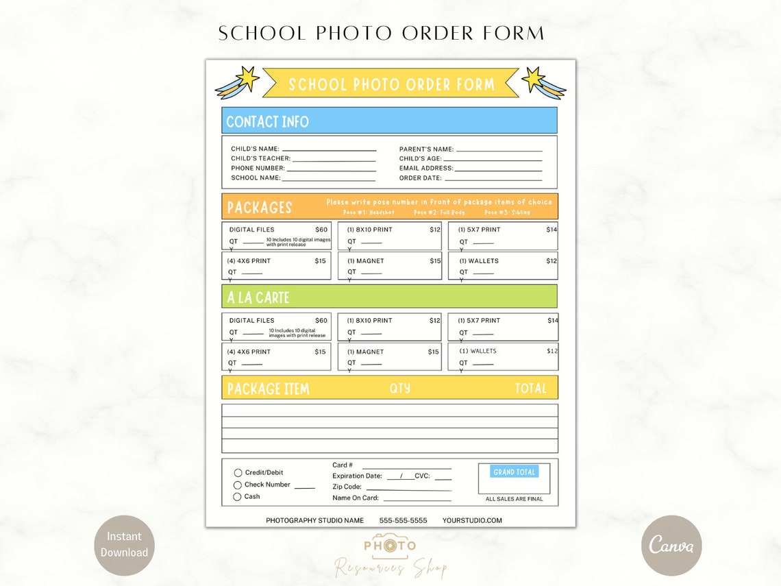 School Photography Order Form | Canva Template | Photography Forms ...