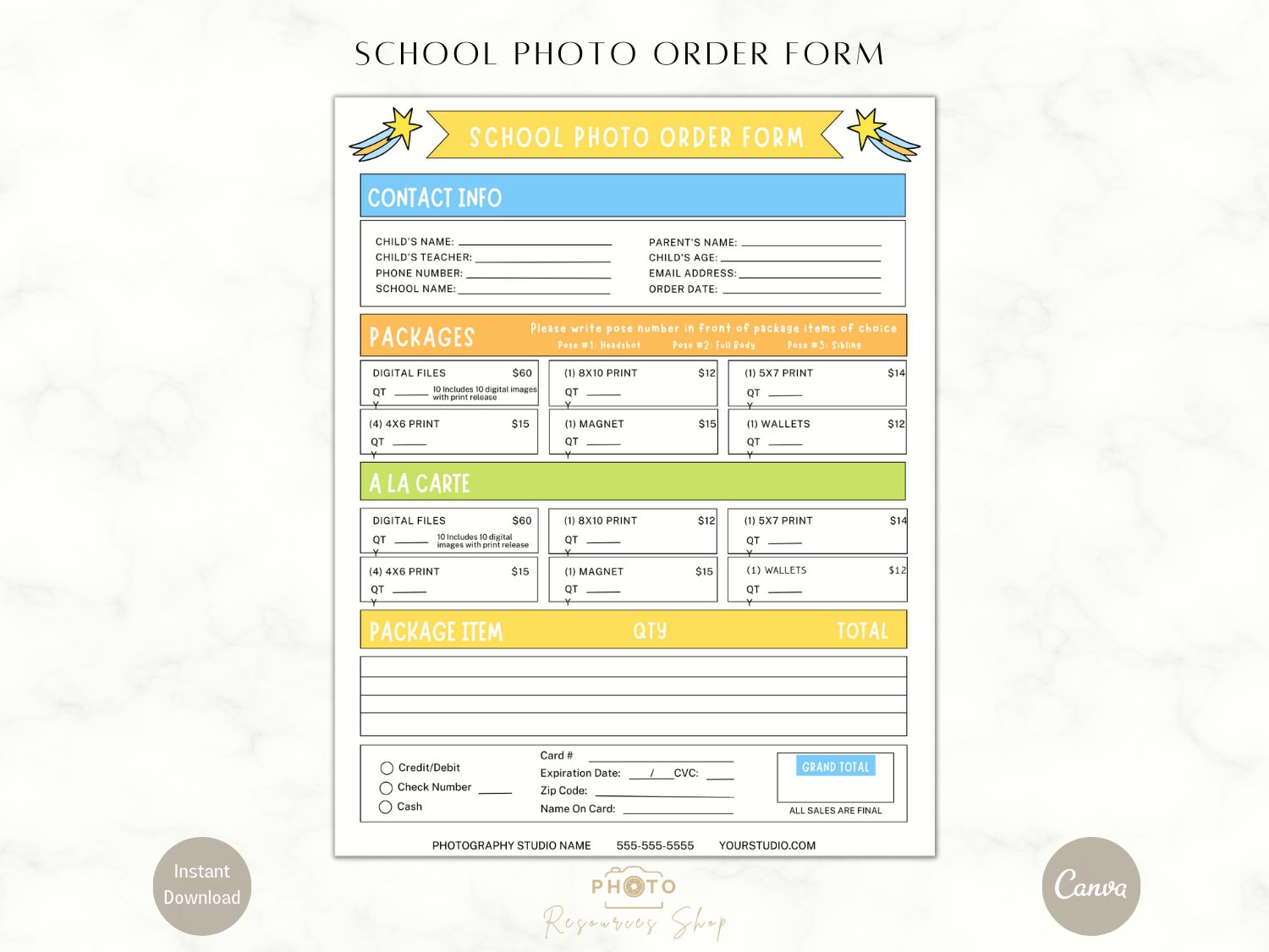 School Photography Order Form Canva Template Photography Forms ...