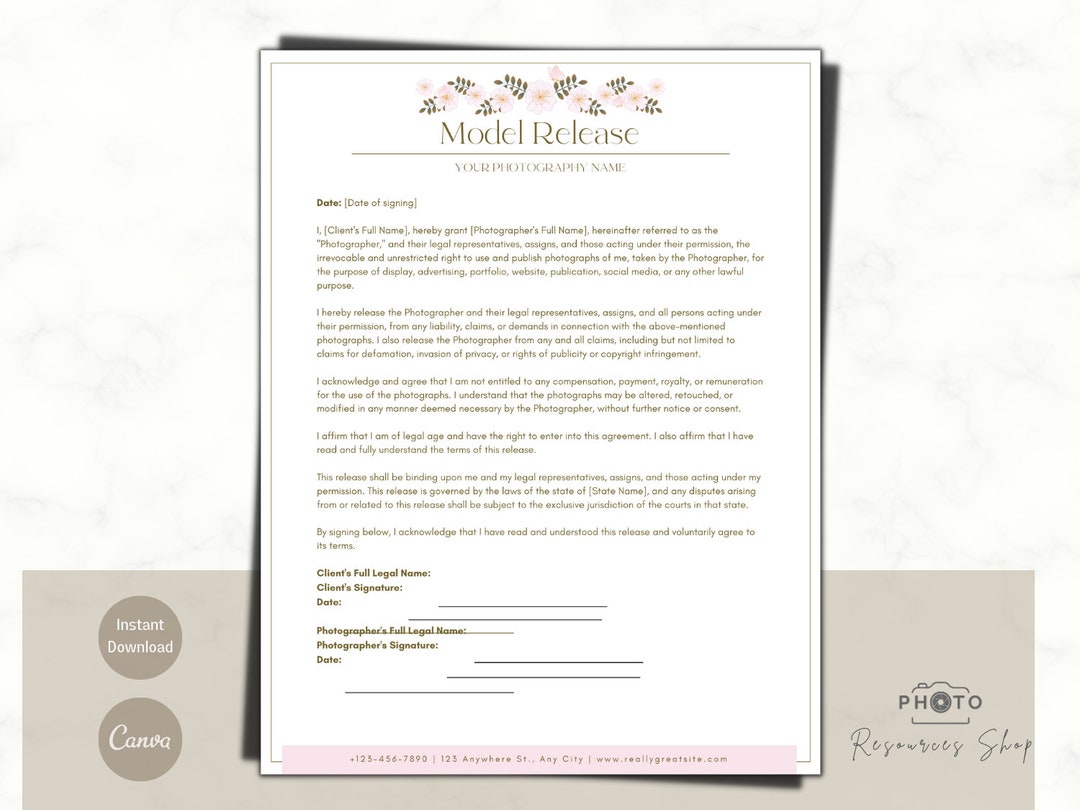 Floral Photography Model Release Template | Canva Template | Easy-to ...