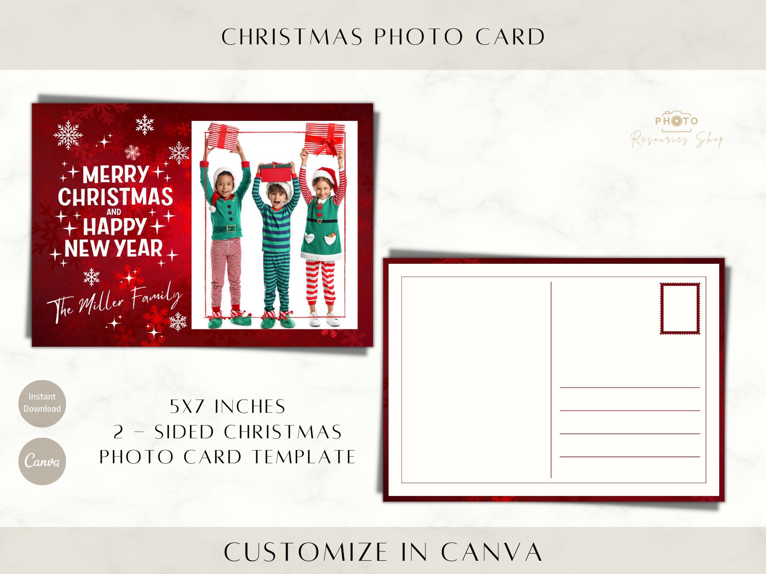 Christmas Card Template 5x7, Photo Card, Editable Canva Card Template ...