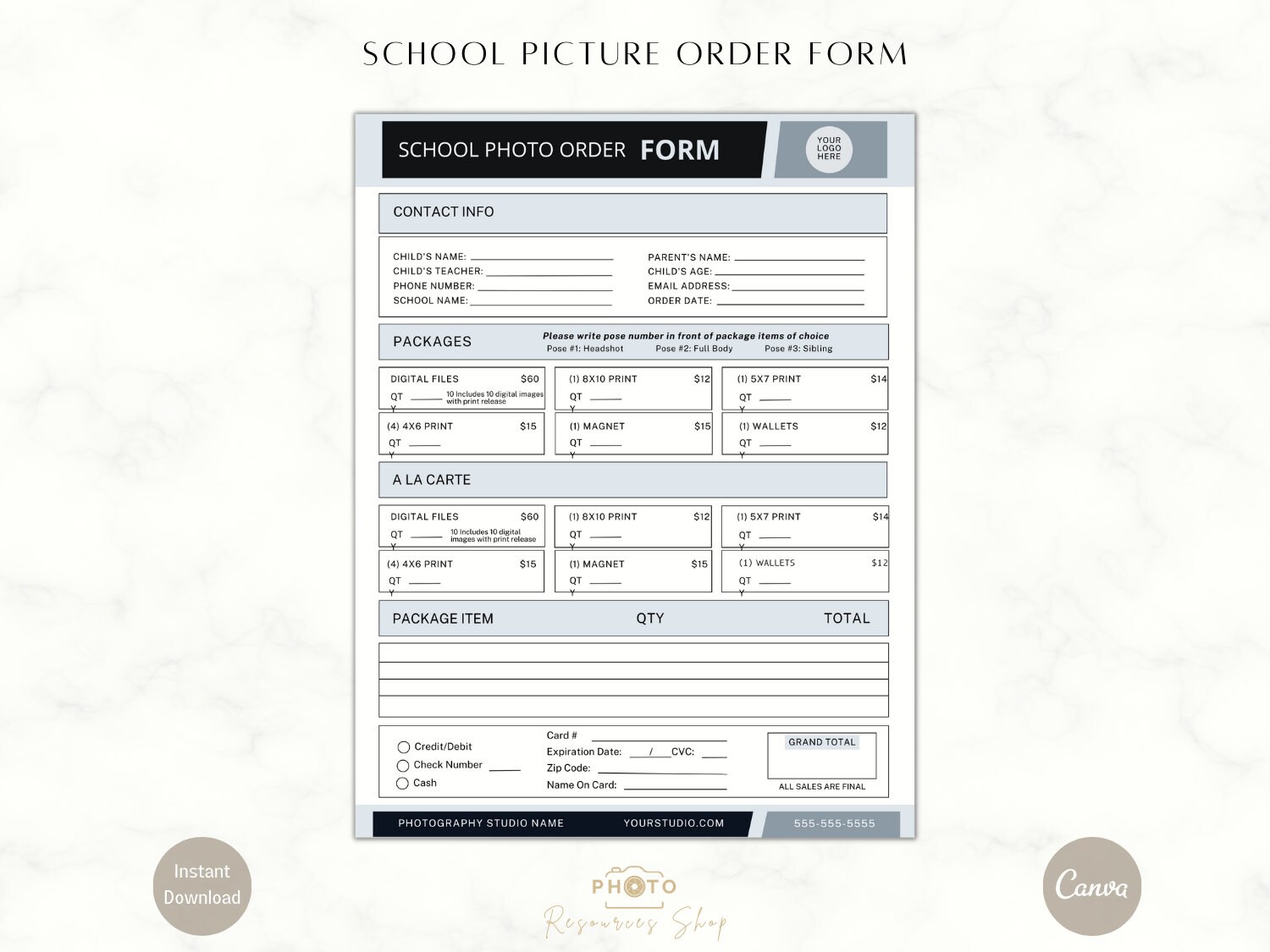 School Photography Order Form | Canva Template | Photography Forms ...