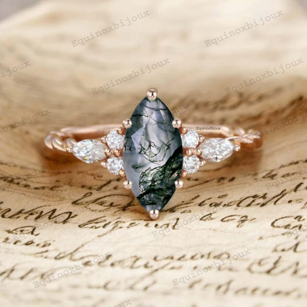 Marquise Cut Moss Agate Engagement Ring Unique Rose Gold Engagement ...