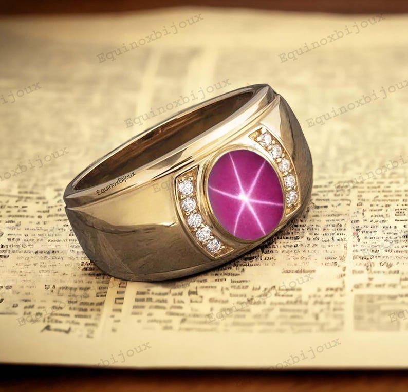 14k Gold Men's Star Ruby Ring, Solid 925 Sterling Silver, Lindy Star ...